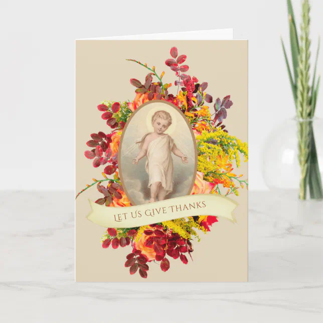 Catholic Thanksgiving Child Jesus Autumn Leaves Holiday Card | Zazzle