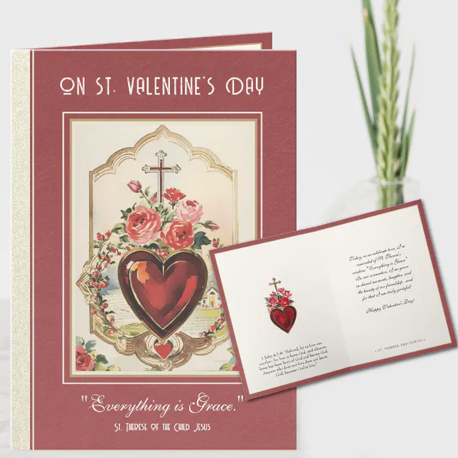 Catholic Valentine Roses St. Therese Heart Cross Card | Zazzle