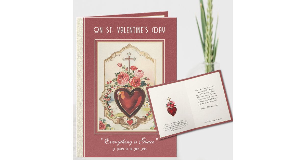 Catholic Valentine Roses St. Therese Heart Cross Card | Zazzle