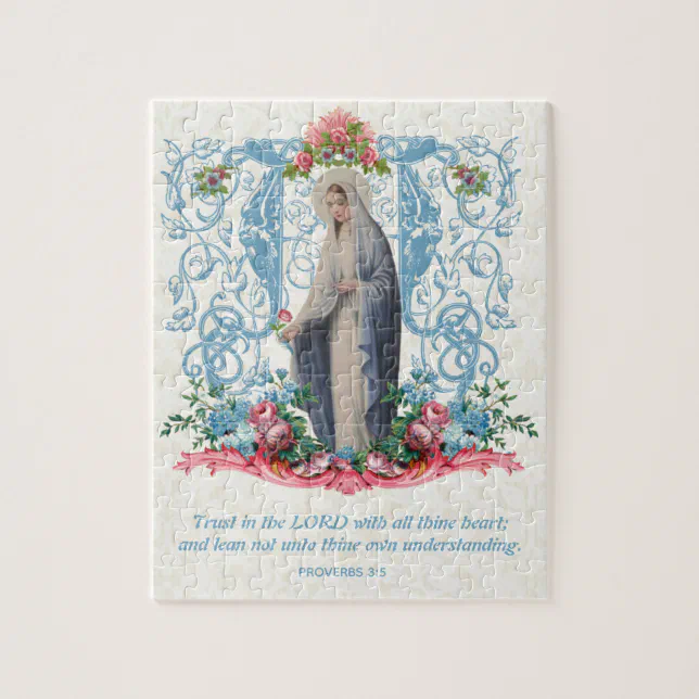 Catholic Virgin Mary Floral Scripture Quote Jigsaw Puzzle | Zazzle