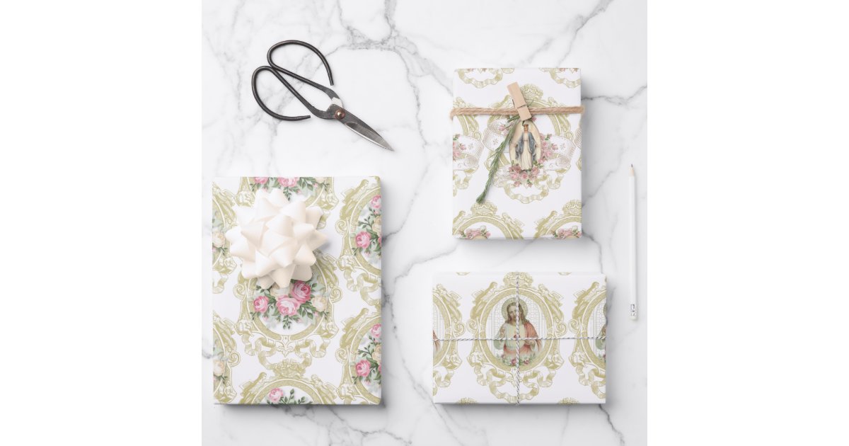 Catholic Virgin Mary Religious Jesus Floral Wrapping Paper Sheets | Zazzle