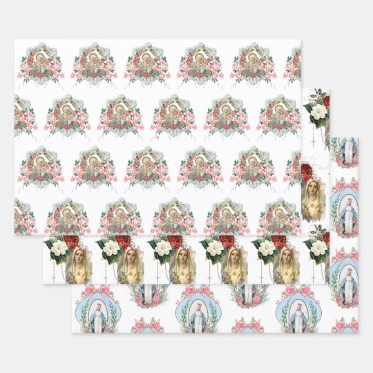 Catholic Virgin Mary Religious Rosary Floral Wrapping Paper Sheets ...