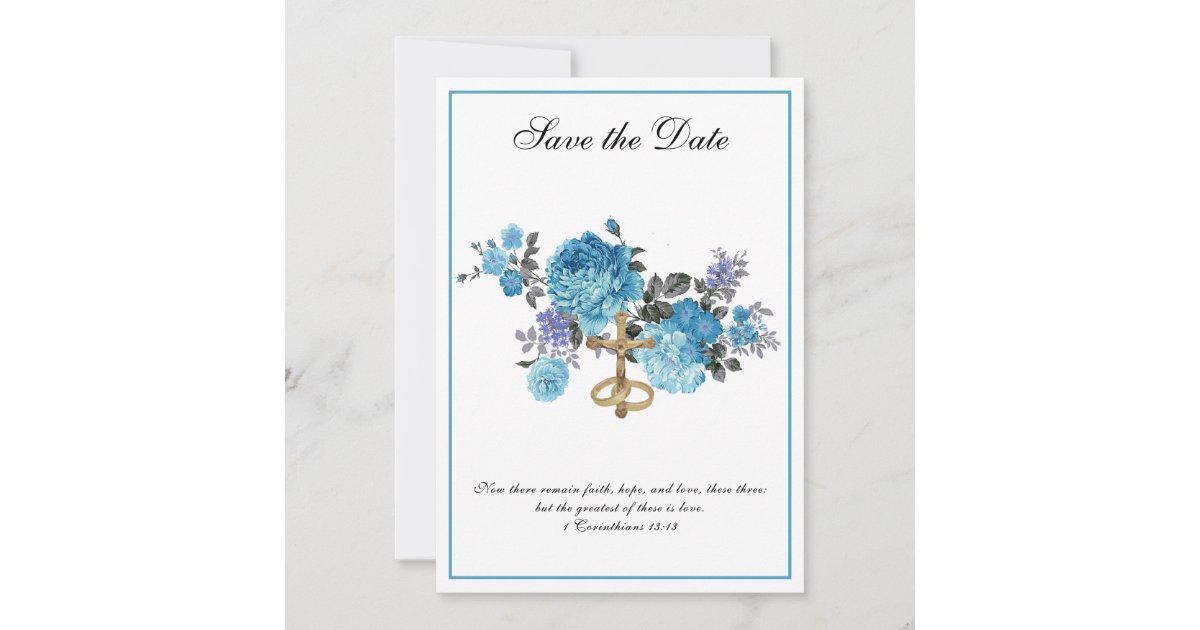 Catholic Wedding Blue Floral Religious Save The Date | Zazzle