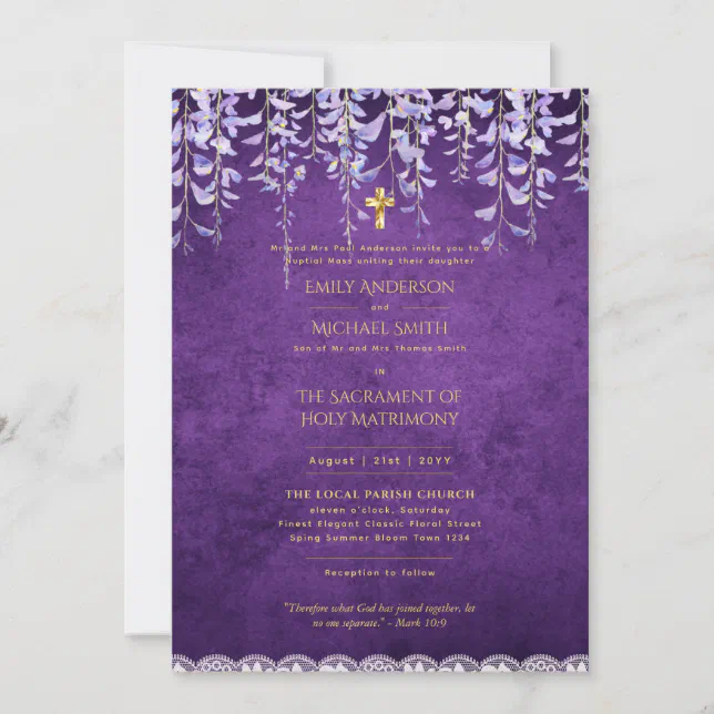 Catholic Wedding Nuptial Mass Purple Wisteria Invitation | Zazzle