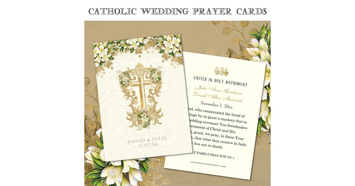 Catholic White Floral Gold Wedding Holy Card | Zazzle
