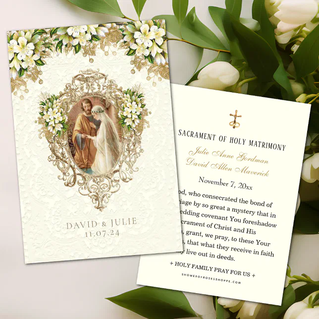 Catholic White Floral Gold Wedding Holy Card | Zazzle