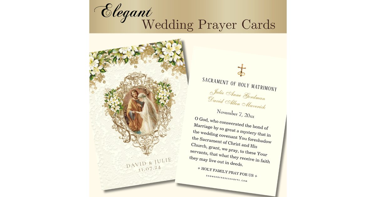 Catholic White Floral Gold Wedding Holy Card | Zazzle