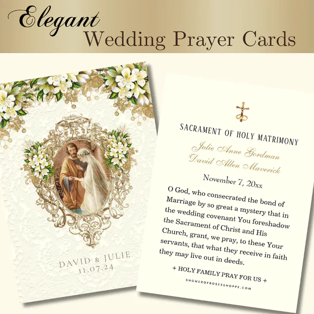 Catholic White Floral Gold Wedding Holy Card | Zazzle