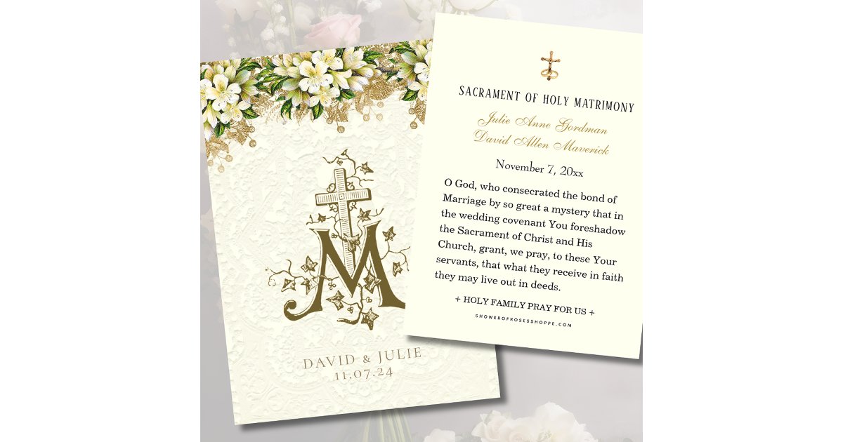 Catholic White Floral Gold Wedding Holy Card | Zazzle