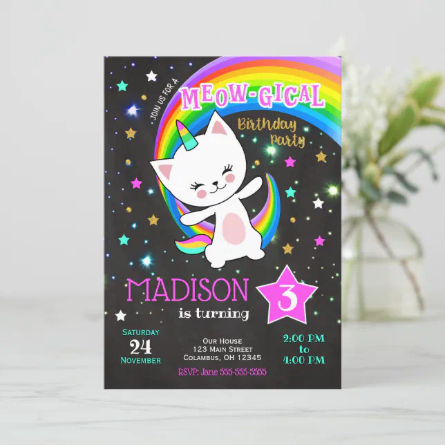 Caticorn Birthday Invitation, Cat Rainbow Invitation | Zazzle