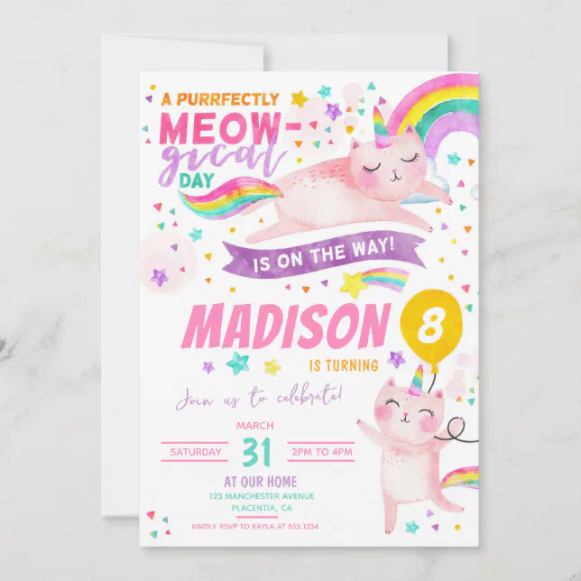 Caticorn Birthday Party Cat unicorn rainbow Invitation | Zazzle