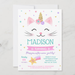 Caticorn Kitty Cat Kitten Birthday Invitations | Zazzle