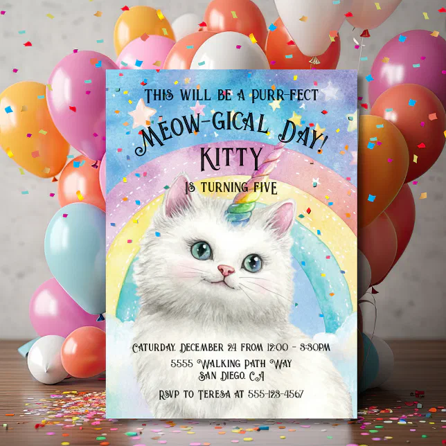 Caticorn Kittycorn Magical Cat birthday party Invitation | Zazzle
