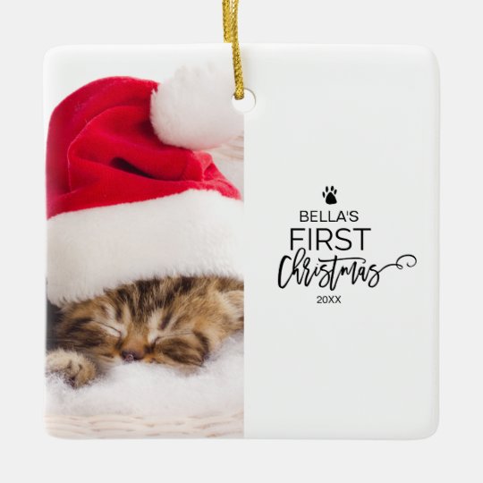 Cat's First Christmas Photo Holiday Ceramic Ornament | Zazzle.com