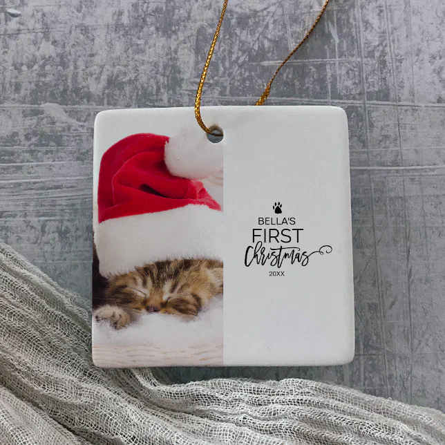 Cat's First Christmas Photo Holiday Ceramic Ornament | Zazzle