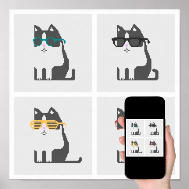 Cats In Glasses Square Pixel Art Poster | Zazzle