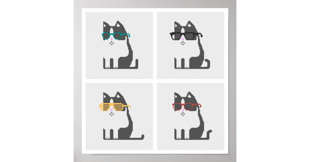 Cats In Glasses Square Pixel Art Poster | Zazzle