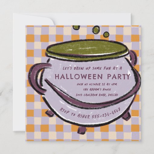 Cauldron Checkered Watercolor Halloween Party Invitation | Zazzle