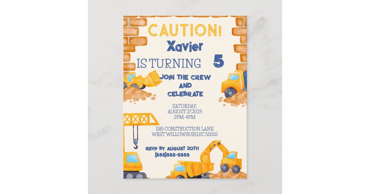 CAUTION! Construction Truck Birthday Invitation Postcard | Zazzle