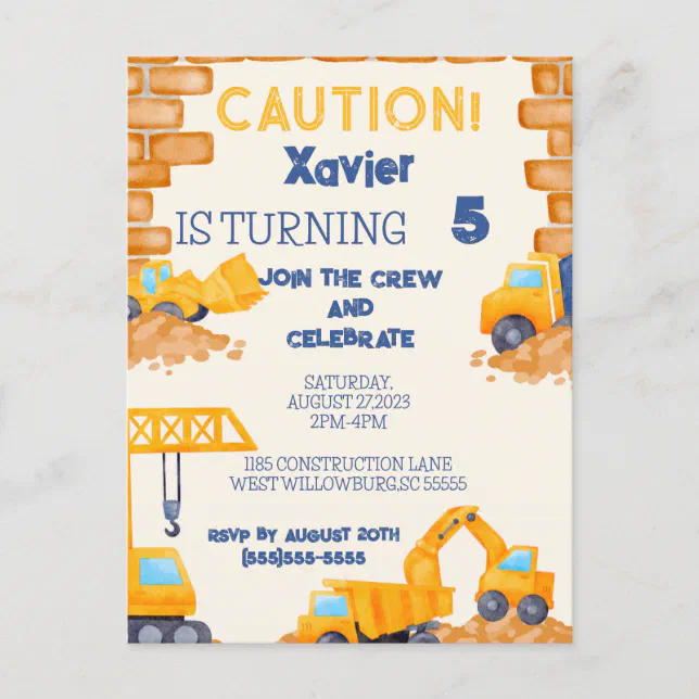 CAUTION! Construction Truck Birthday Invitation Postcard | Zazzle