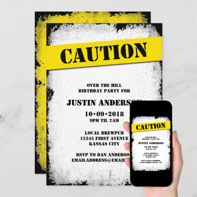 CAUTION Over the Hill Birthday Invitation | Zazzle