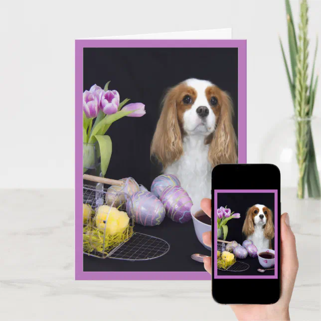 Cavalier King Charles Easter Tulips Eggs Card | Zazzle