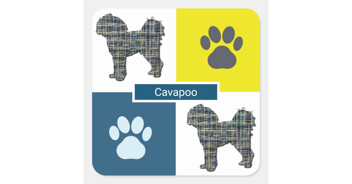 Cavapoo Dog Silhouette & Paw Y&B Grid Square Sticker | Zazzle