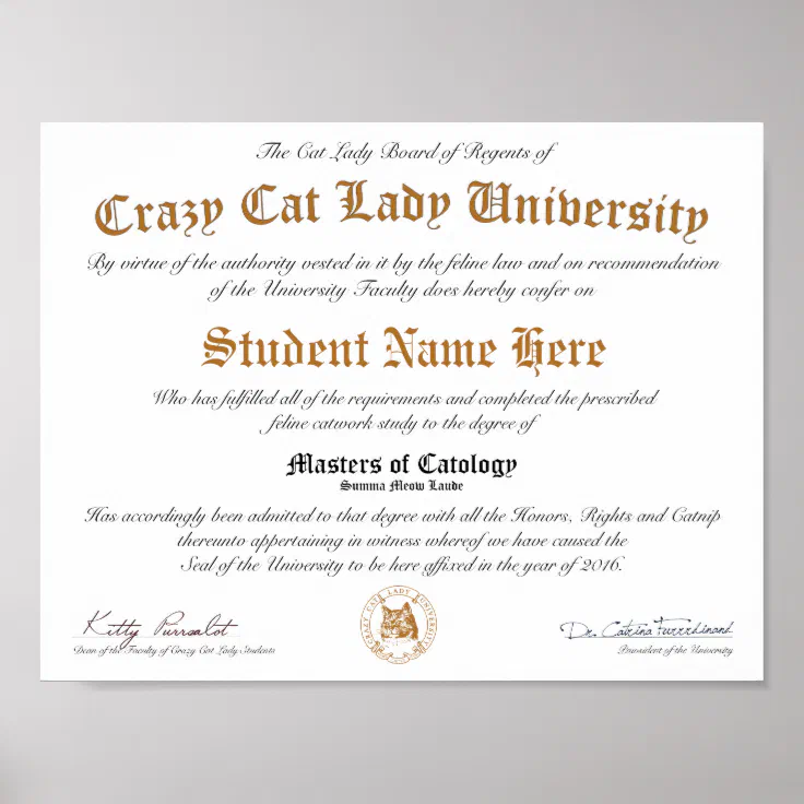 CCLU Diploma - Gold Seal - Cat Portrait Poster | Zazzle
