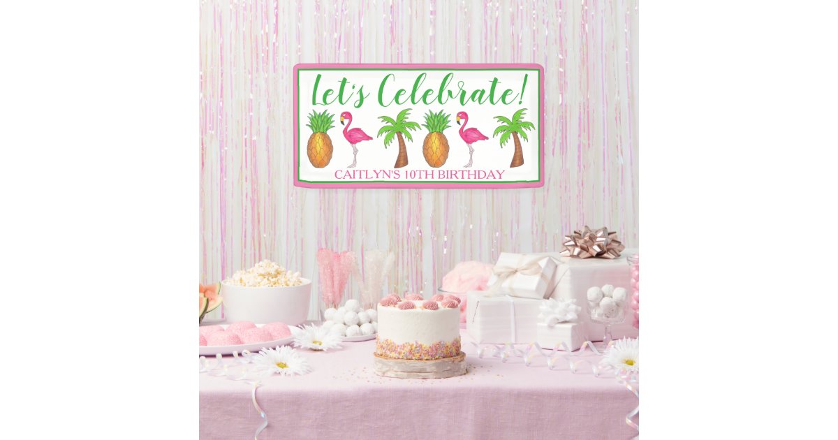 Celebrate Birthday Flamingo Palm Tree Pineapple Banner | Zazzle