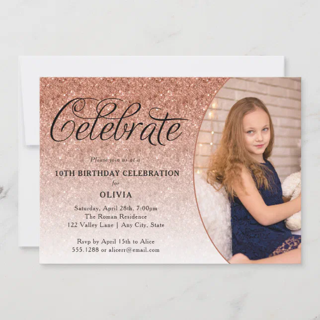 Celebrate Fancy Script Rose Gold Glitter Photo Invitation | Zazzle