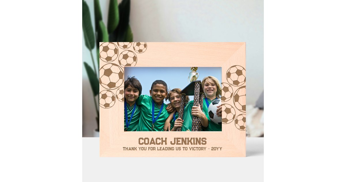 Celebrate Soccer Coach Varsity Font Custom Text Engraved Frames | Zazzle
