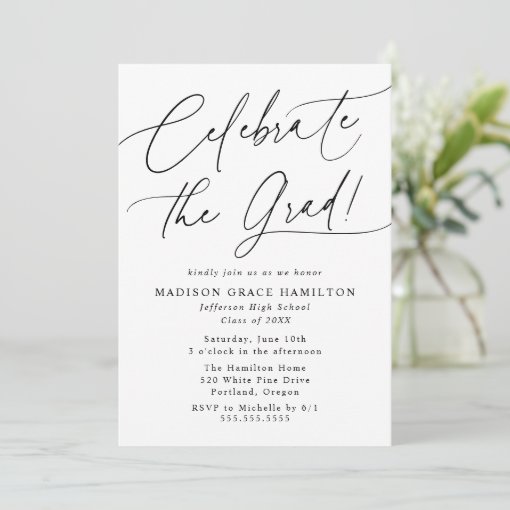 Celebrate the Grad Black Script Photo Graduation Invitation | Zazzle
