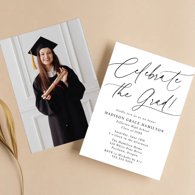 Celebrate the Grad Black Script Photo Graduation Invitation | Zazzle