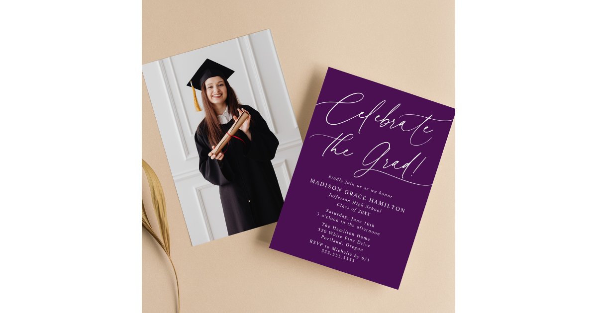 Celebrate the Grad Purple Photo Graduation Party Invitation | Zazzle