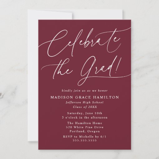 Celebrate the Grad Script Maroon Graduation Party Invitation | Zazzle