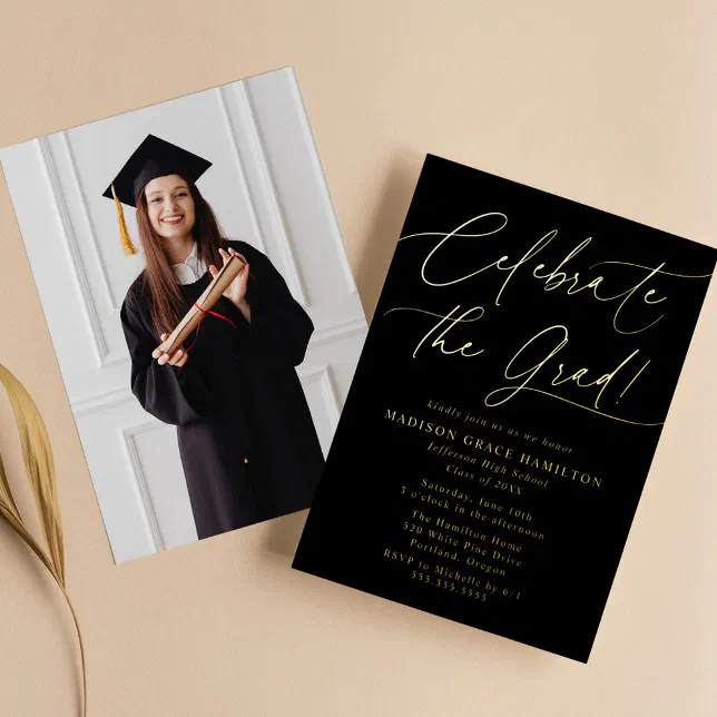 Celebrate the Grad Script Photo Graduation Party Foil Invitation | Zazzle