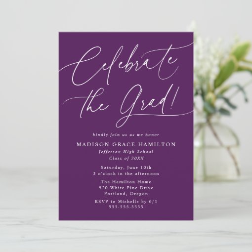 Celebrate the Grad Script Purple Graduation Party Invitation | Zazzle