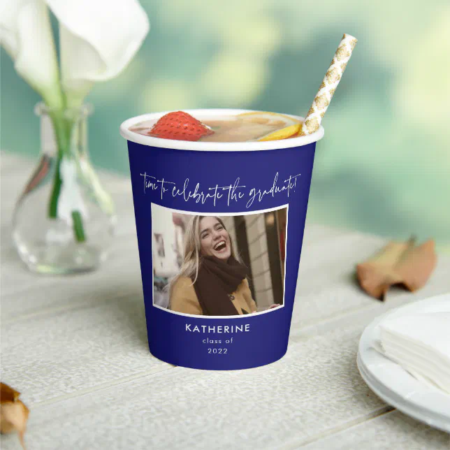 Celebrate the Graduate Modern Blue Script Paper Cups | Zazzle