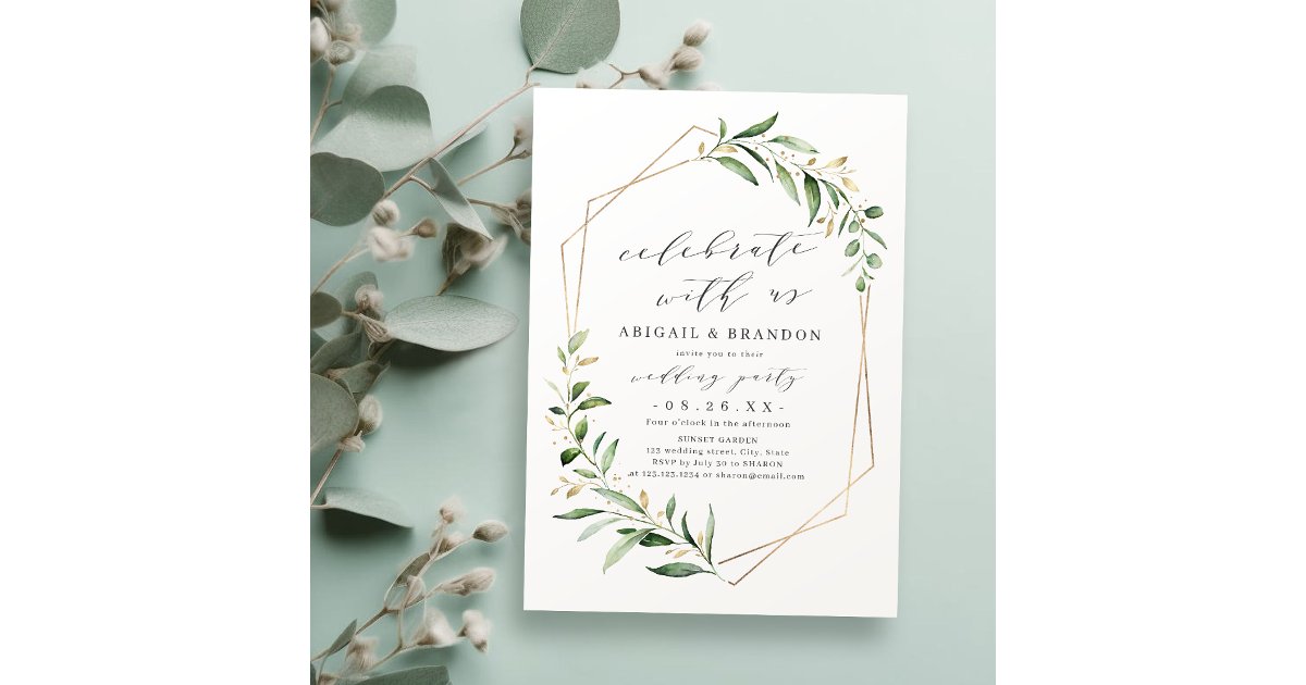Celebrate With Us! Greenery Geometric Wedding Invitation | Zazzle