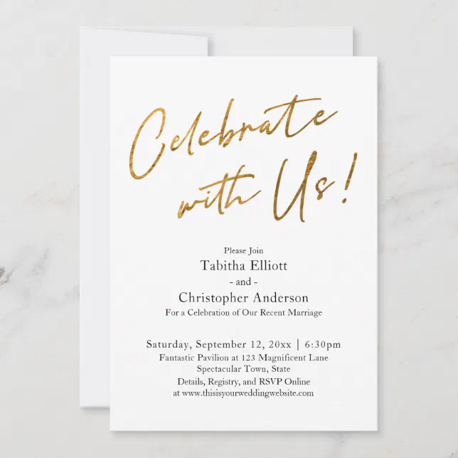 Celebrate with Us Handwriting Gold Basic Reception Invitation | Zazzle