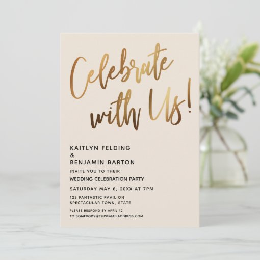 Celebrate With Us! Minimal Gold Handwriting Cream Invitation | Zazzle