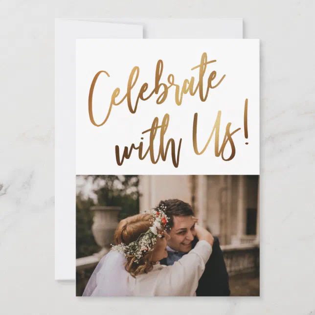 Celebrate With Us! Minimal Gold Handwriting Photo Invitation | Zazzle