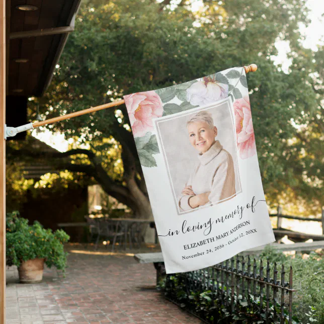 Celebrating Life Photo Pink Floral Memorial House Flag | Zazzle