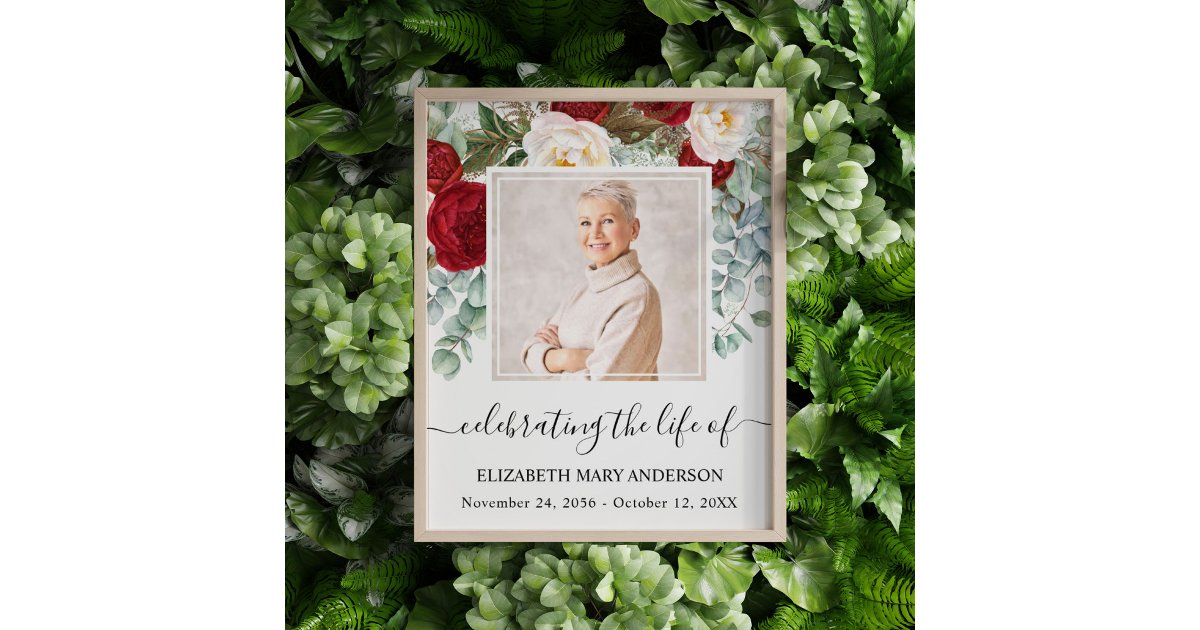 Celebrating Life Photo Red White Roses Memorial | Zazzle