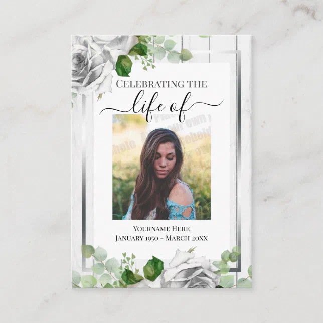 Celebrating Life Rustic Wood One Photo Remembrance Business Card | Zazzle