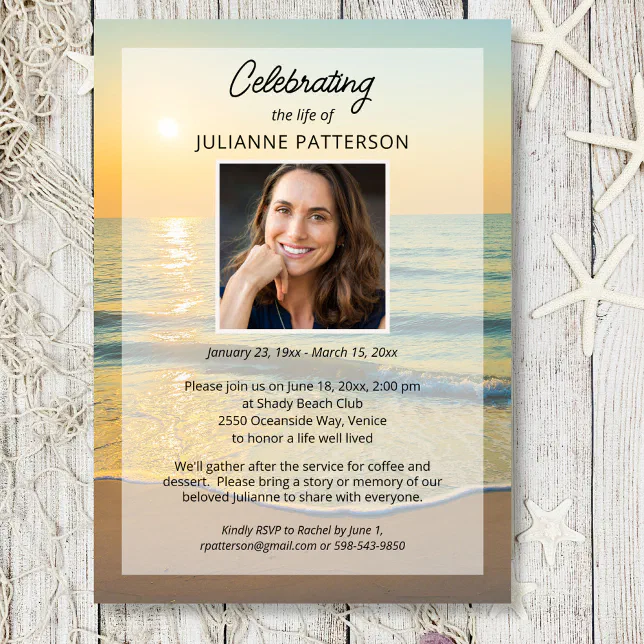 Celebration of Life Beach Themed Photo Funeral Invitation | Zazzle