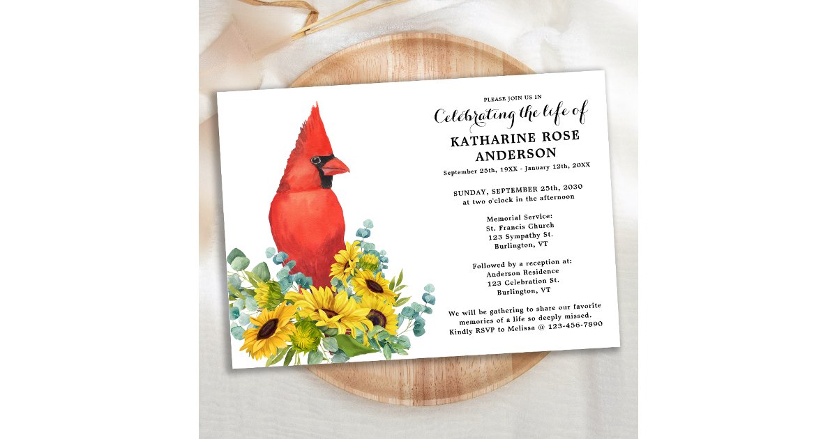 Celebration Of Life Cardinal Sunflowers Funeral Invitation | Zazzle