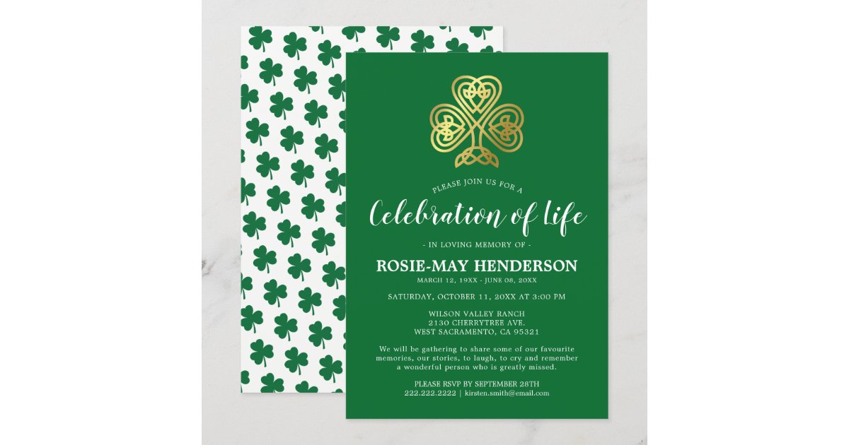 Celebration of Life | Celtic Shamrock Funeral Invitation | Zazzle