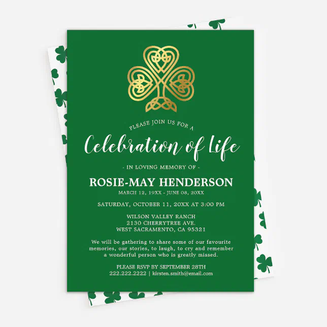 Celebration of Life | Celtic Shamrock Funeral Invitation | Zazzle