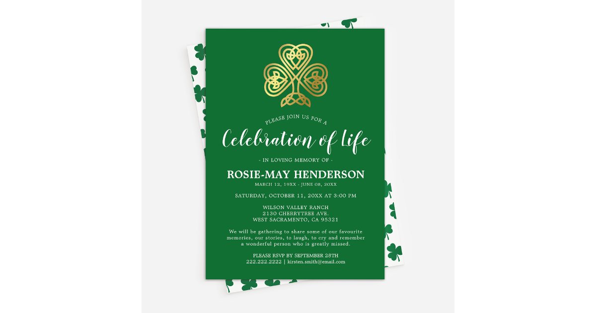 Celebration of Life | Celtic Shamrock Funeral Invitation | Zazzle